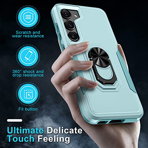 Janmitta Samsung Galaxy S23+ Plus Case with Screen Protector+Camera Lens Protector,Heavy Duty Shockproof Full Body Phone Cover Built in Rotatable Magnetic Ring Holder Kickstand,2023 Mint Green