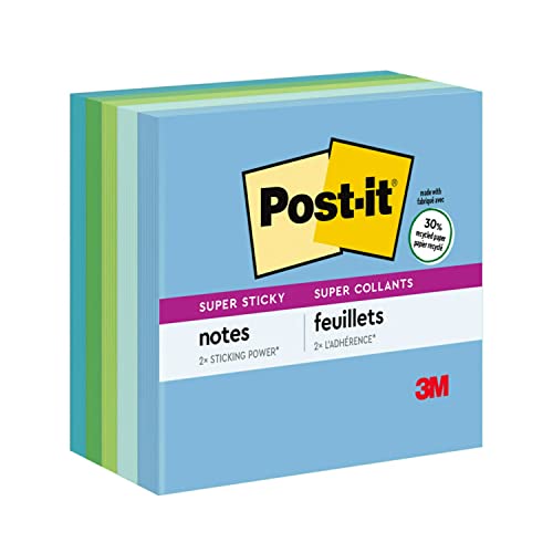 Post-it Super Sticky Recycled Notes, 3x3 in, 5 Pads, 2x the Sticking Power, Poptimistic, Bright Colors, 30% Recycled Paper (654-5SST)