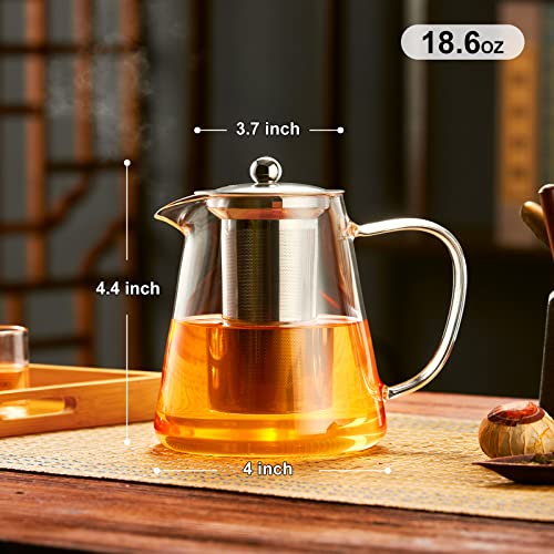 PARACITY Glass Teapot Stovetop 18.6 OZ, Borosilicate Clear Tea Kettle with Removable 18/8 Stainless Steel Infuser, Teapot Blooming and Loose Leaf Tea Maker Tea Brewer for Camping, Travel (550ML)
