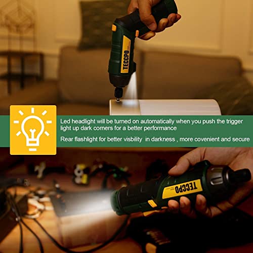 Cordless Screwdriver, 45Pcs 6N.m, TECCPO 4V Electric Power Screwdriver, 9+1 Torque Gears, Cordless Screwdriver Rechargeable with 2000mAh Li-ion, 1/4'' Hex Self-Lock Chuck, 2 LED, Adjustable 2 Position