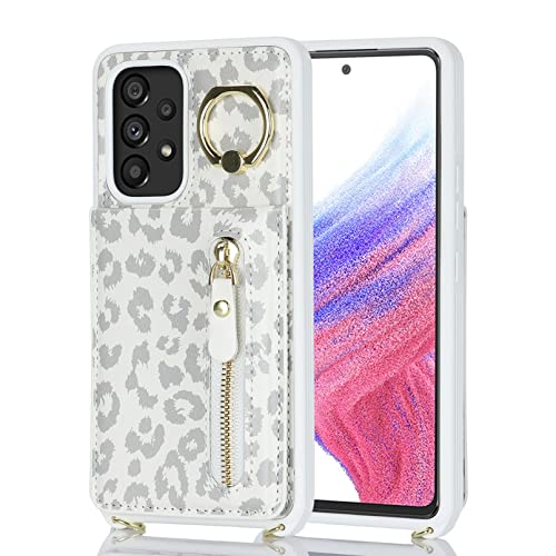 Jaorty Samsung Galaxy A53 5G Phone Case for Women with Card Holder,Samsung A53 Case Wallet Crossbody Lanyard with Strap,Credit Card Slots Kickstand Case with Ring Holder,6.5 Inch,White Leopard