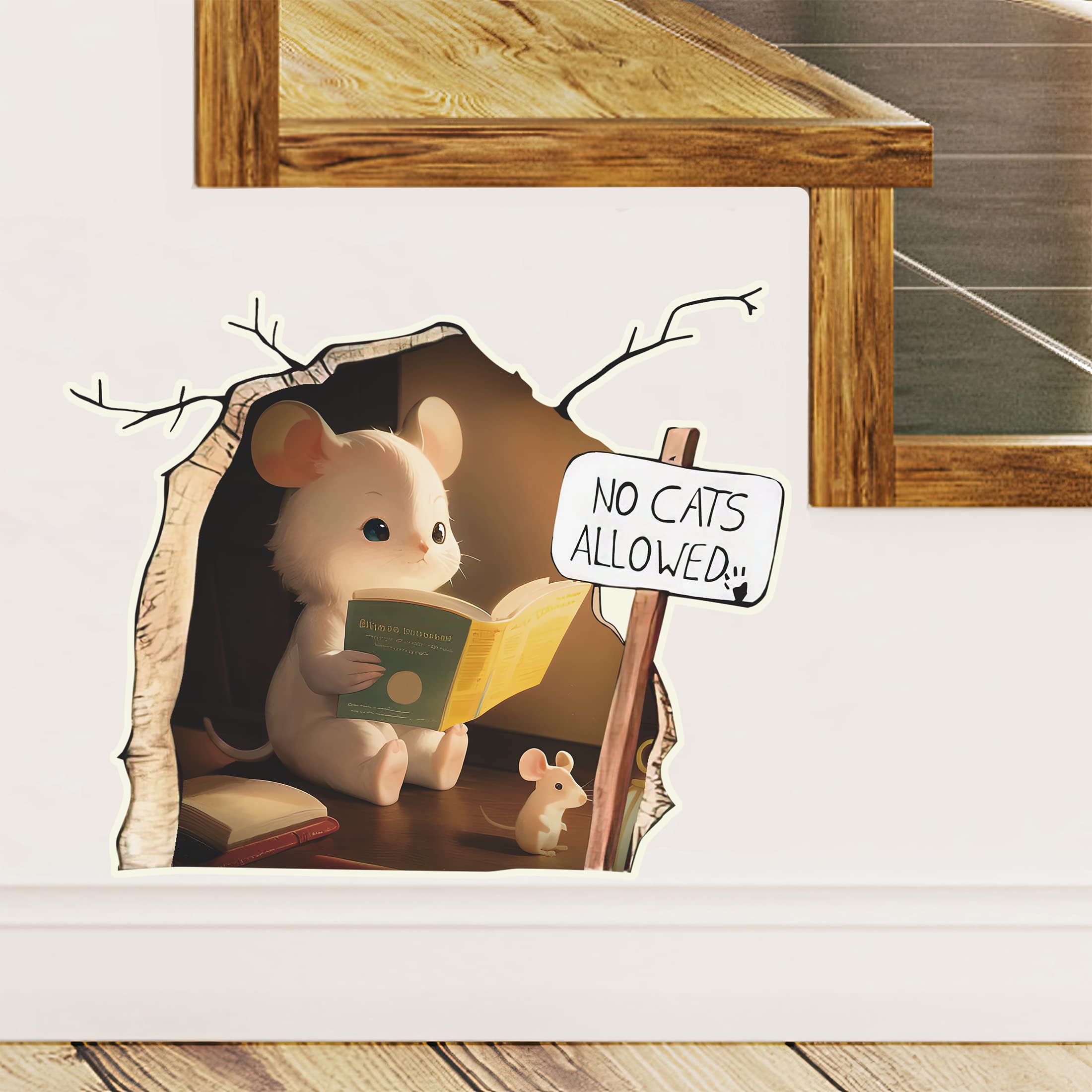 Robmoda 3D Mouse Hole Wall Sticker Glow in The Dark, Mouse Reading Book Fun Art Wall Decal, Peel and Stick Nursery Kids Room Decor, Classroom, Bedroom, Bookcase Decoration