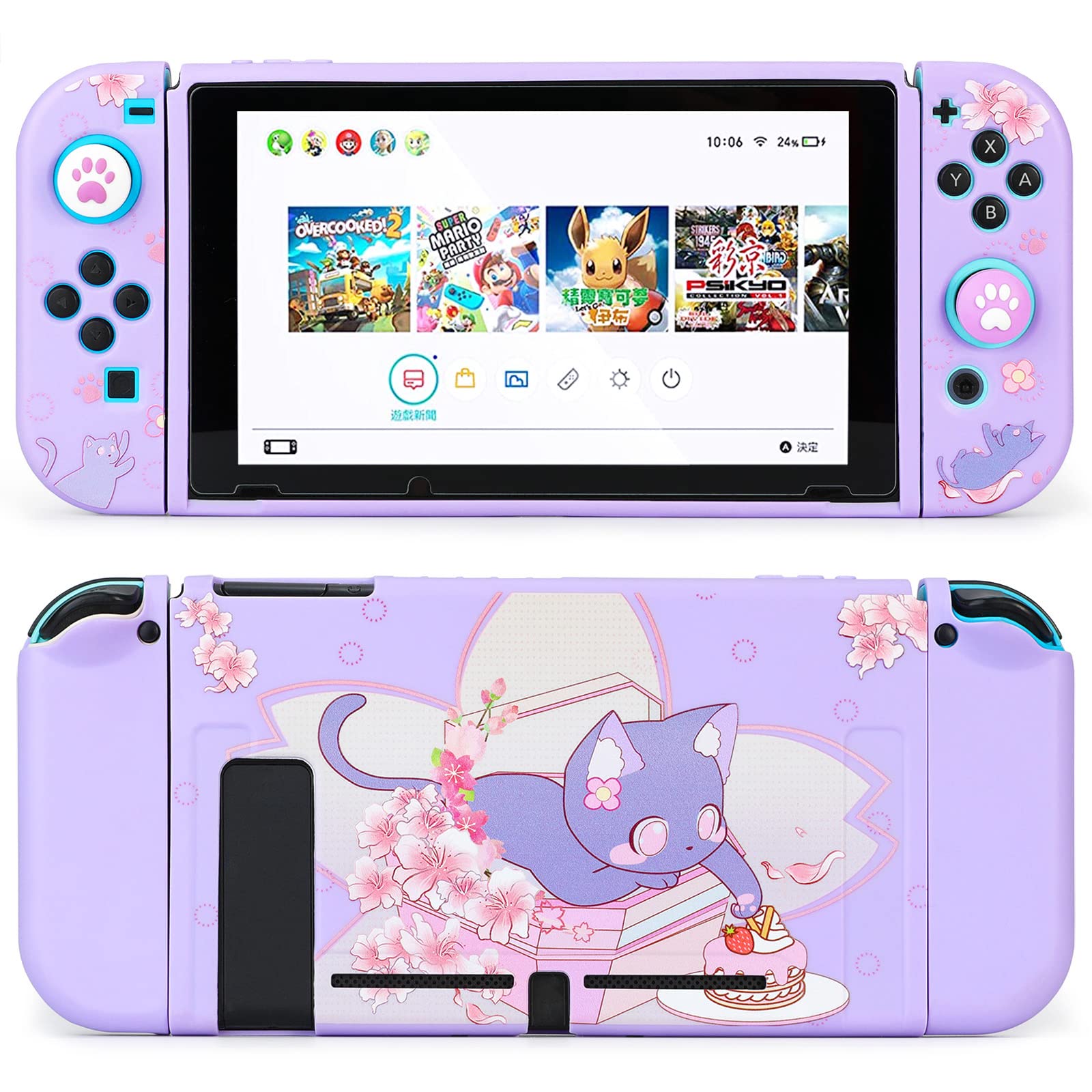 AUCHOIS LightPro Dockable Case for Nintendo Switch - Cute Protective Cover Case for Switch Console and Joy-Con with Cat Paw Thumb Grips, Anti-Scratch -- Purple Sakura Cat