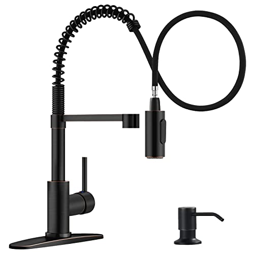 APPASO Commercial Pull Down Sprayer Kitchen Faucet with Soap Dispenser - Oil Rubbed Bronze High Arc Tall Modern Single Handle Spring Kitchen Sink Faucet with Pull Out Spray