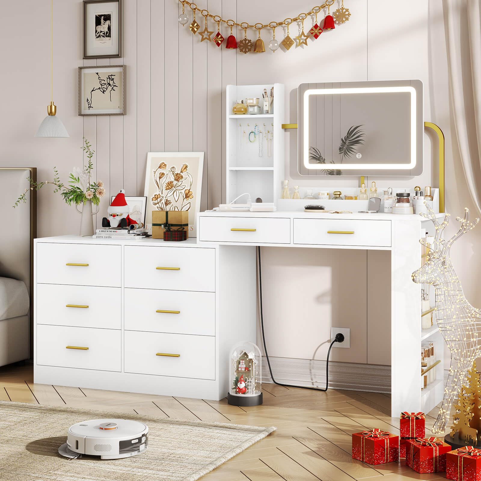 Hasuit Large Vanity Desk with Mirror and Lights,68.9'' Long Makeup Dressing Vanity Table with Charging Station, 8 Drawers, Vanity Mirror 3 Lighting Modes Adjustable, White