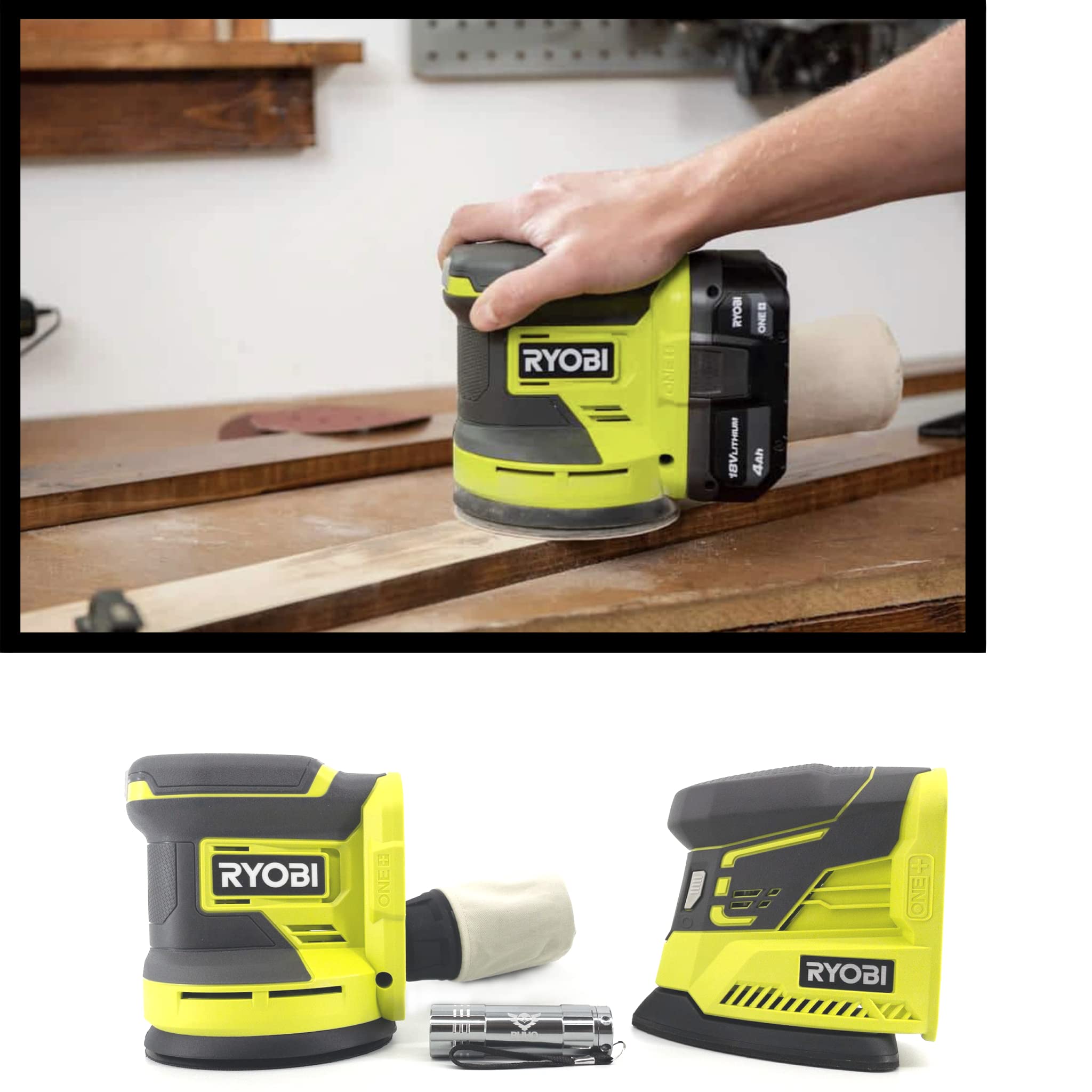Buho Cordless Power Sander Accessory Bundle -18 Volt with Ryobi 5 Inch Random Orbit Sander Corner Cat Finish Sander Pocket Flashlight (Bare Tool Items No Battery Included)