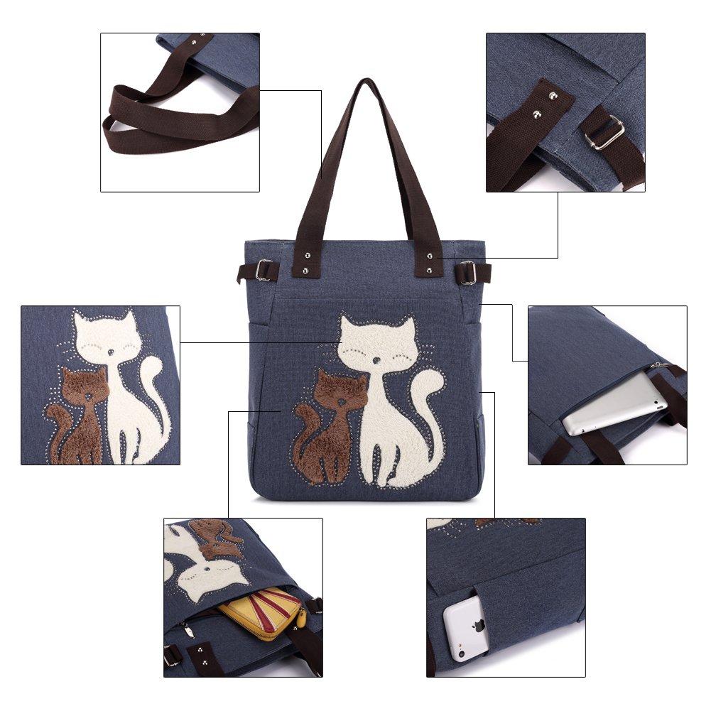 KAUKKO Women Canvas Handbag Shoulder Bag Cat Big Tote Bag
