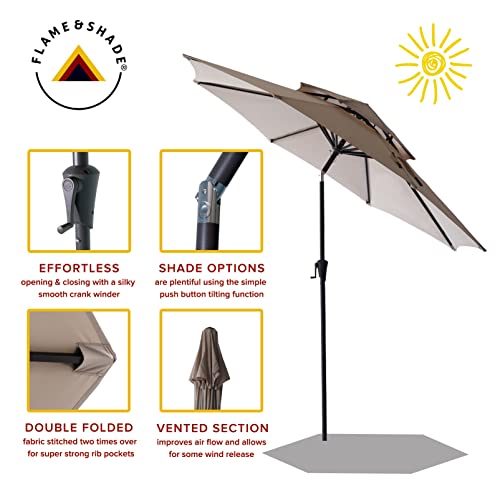 FLAME&SHADE 9 ft Double Top Outdoor Market Patio Table Umbrella with Tilt, Beige