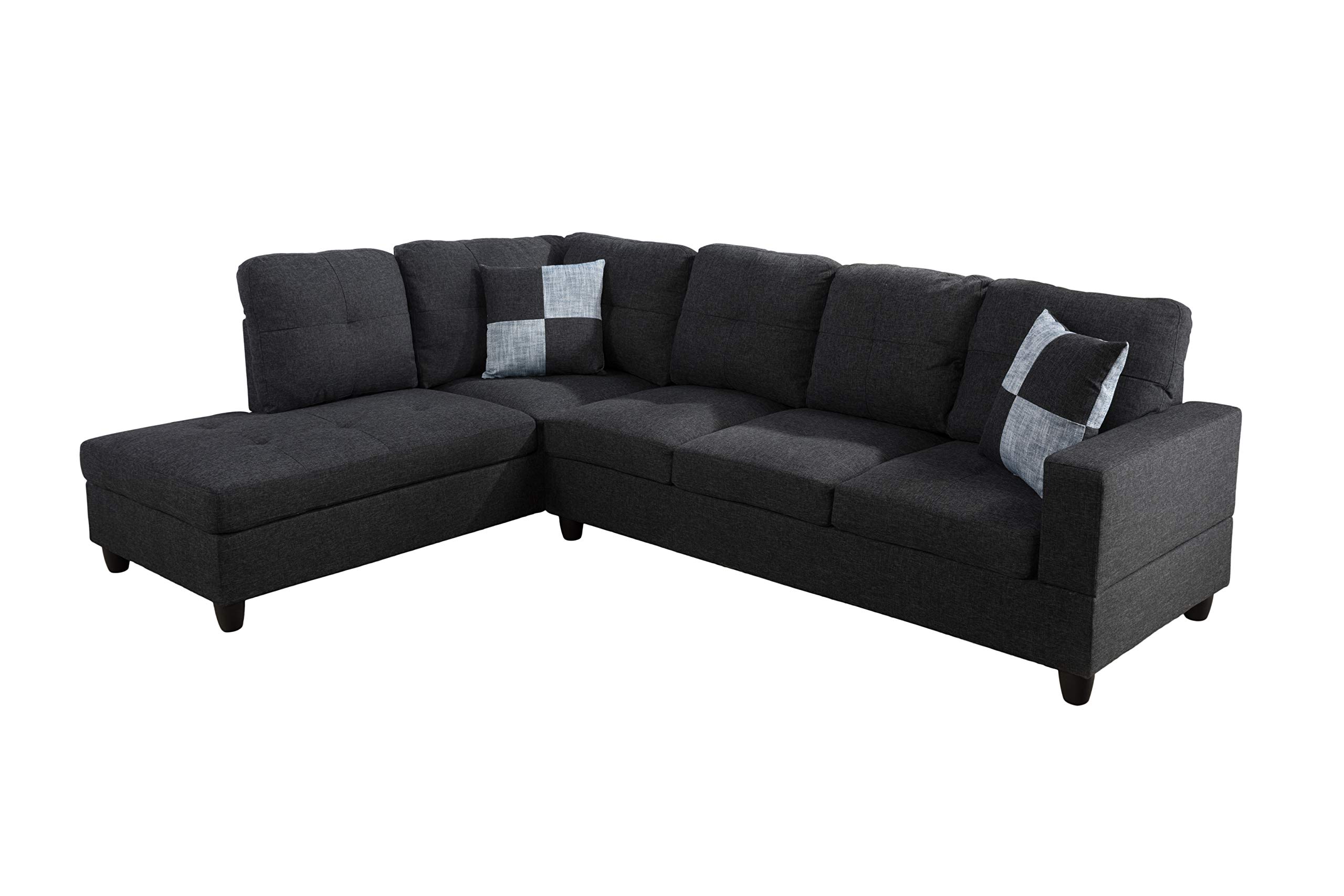 AYCP Fine Furniture Sectional Sofa Couch,L-Shaped Modern Style w/Storage Ottoman 3-Piece for Living Room|Linen Upholstery|(2) Toss Pillows(Left Hand Facing, Black)