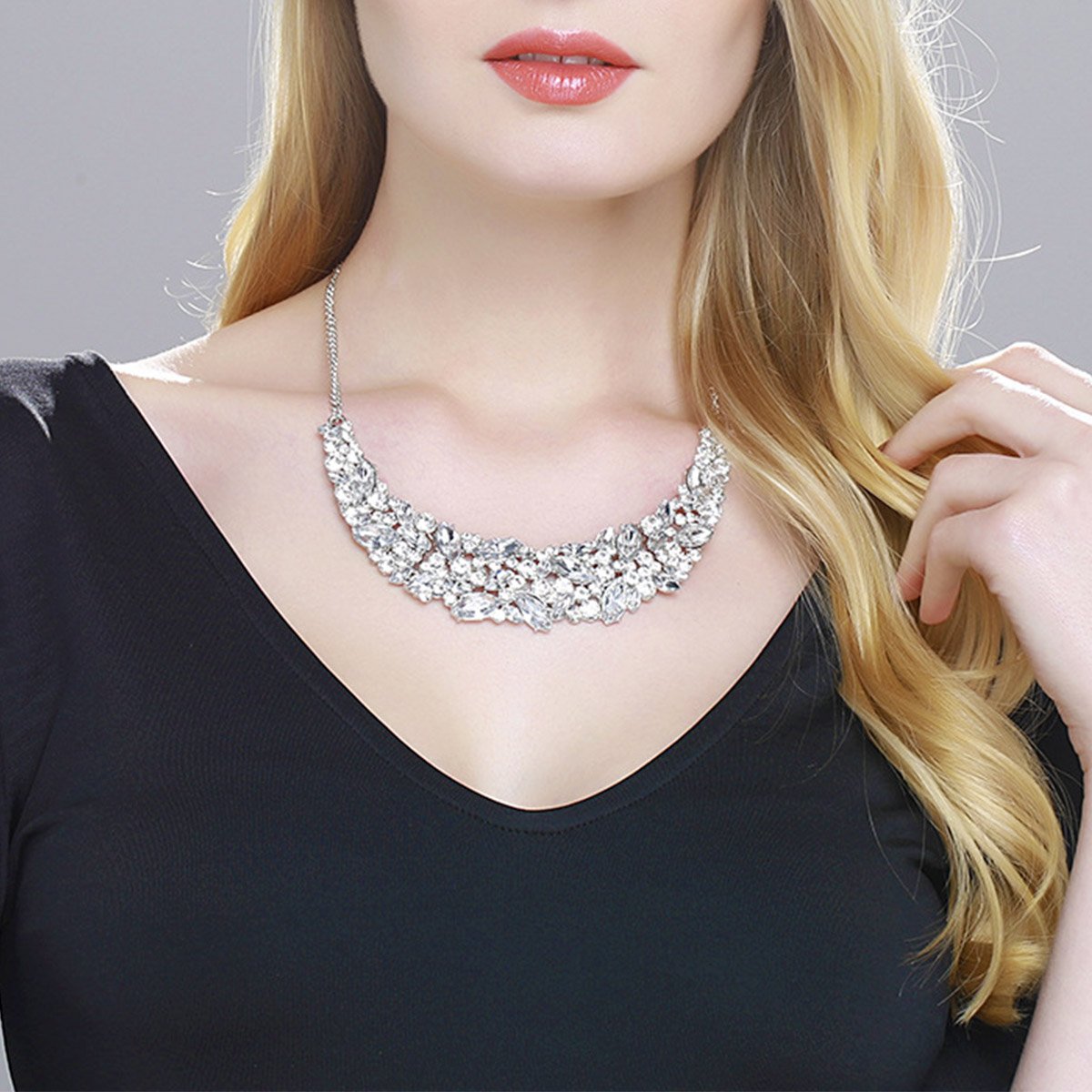BaubleStar Statement Bling Rhinestone Crystal Collar Necklace Silver Wedding Bridesmaid Fashion Chunky Bib Jewelry for Women