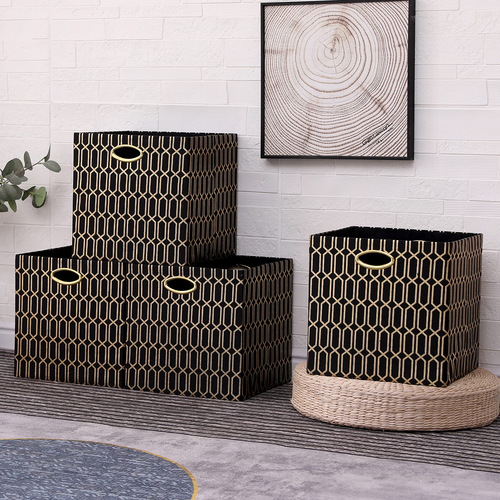 Fboxac Cube Storage Bins 13×13 Polyester Foldable Box with Handles, Black Gold Collapsible Organization Basket Set of 4 Large Capacity Drawer for IKEA Closet Shelf Halloween Cabinet Bookcase