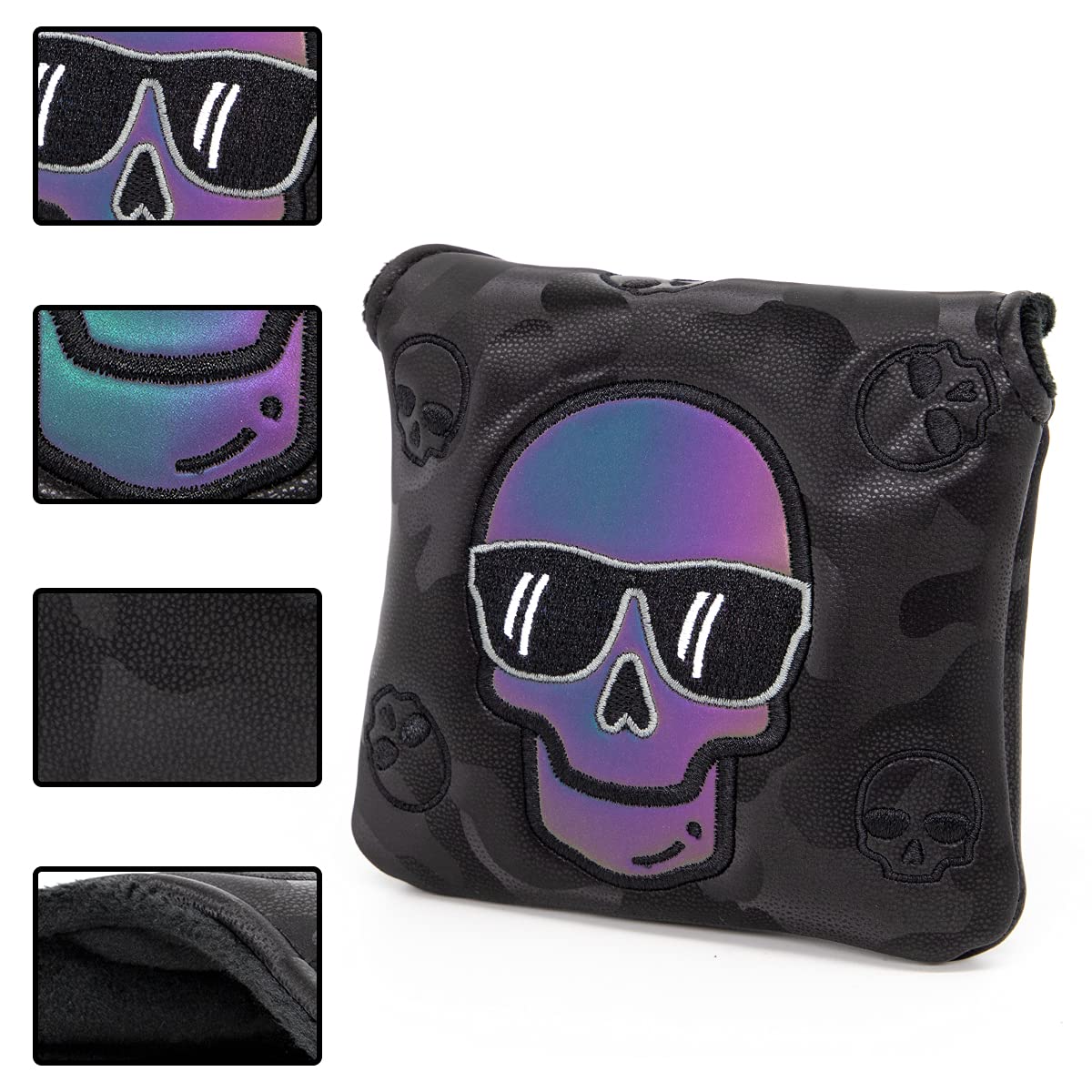 Barudan Golf Putter Cover Headcover, Large Mallet Putter Club Head Cover，6 colors option (Shamrock/Classic Black/White) (Black-Skull)