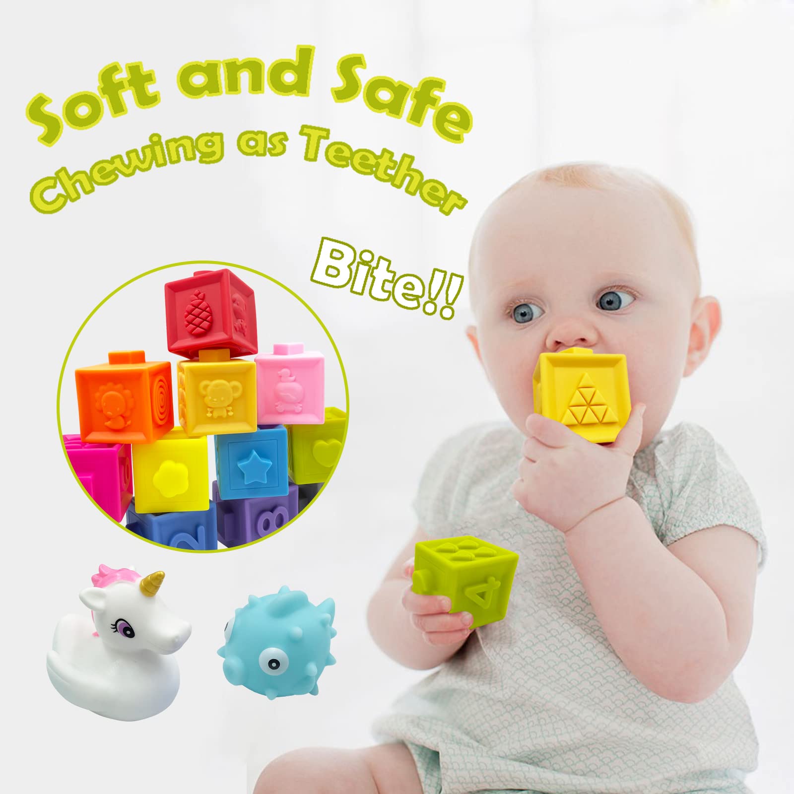 KIDPAPA Baby Blocks,16 PCS Baby Soft Building Blocks, Stacking Blocks with Shark Animals and Number, Educational Montessori Toys for Babies 6 to 12 Months and Up