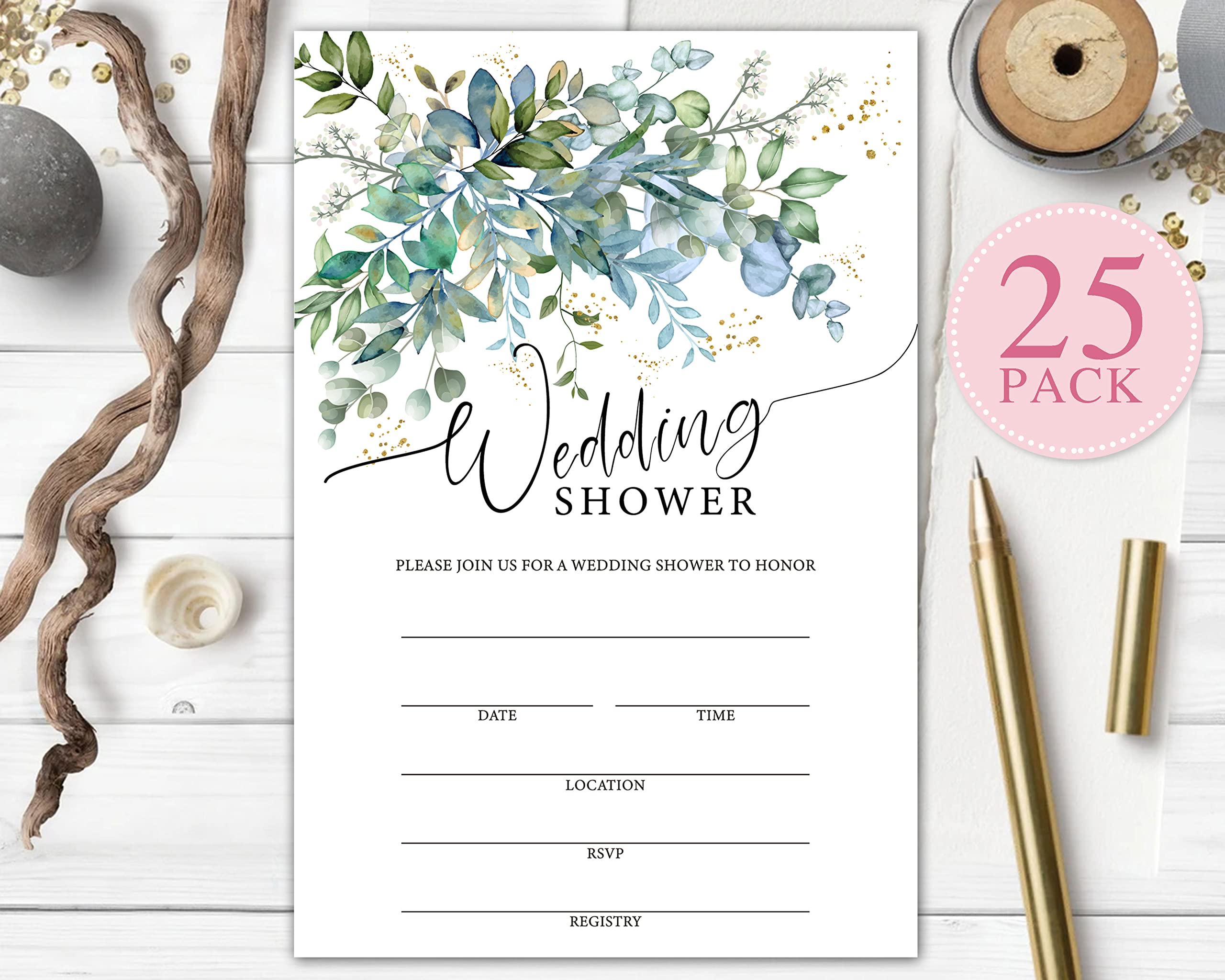 Greenery Wedding Shower Invitations, Floral Bridal Shower Invitations, Bridal Shower Invites for Engagement Party, Wedding, Bridal Shower, Set of 25 Invitations & 25 Envelopes (B02)