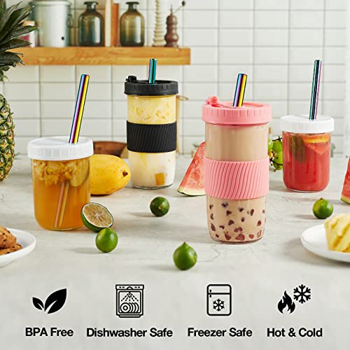Mfacoy (4 Pack x 2 Size Boba Cup, 24oz & 16oz Bubble Tea Cup, Smoothie Cups with Lids and Stainless Straws, Reusable Boba Cup, Wide Mouth Mason Jar Drinking Glasses with Silicone Sleeve for Travel