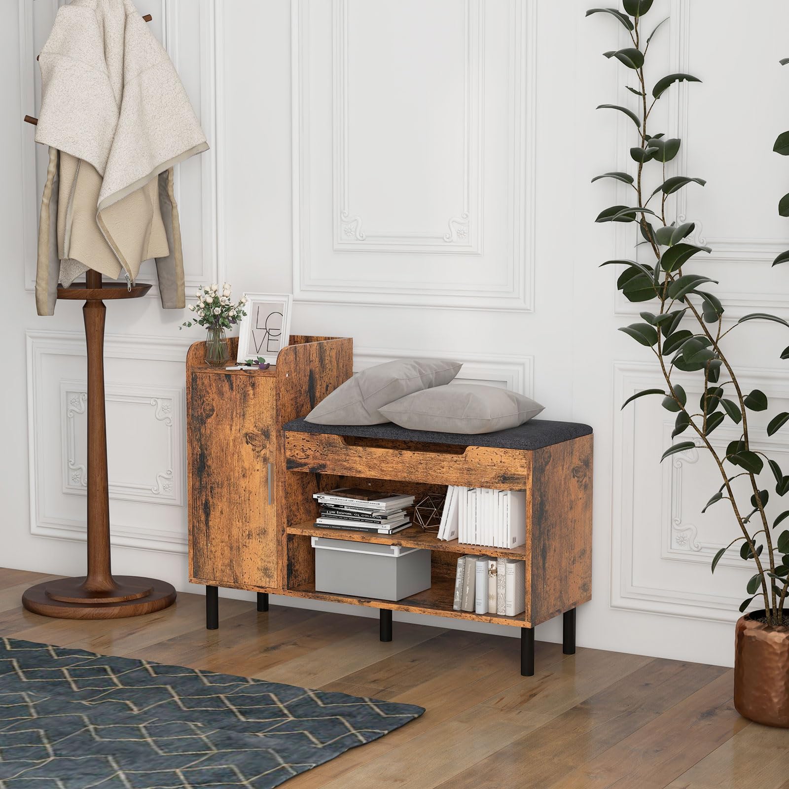 Bonzy Home Shoe Cabinet with Flip Top Storage, 2 Tiers Shoe Storage Bench with Cushion Seat for Entryway, Hallway, Bedroom, Rustic Brown