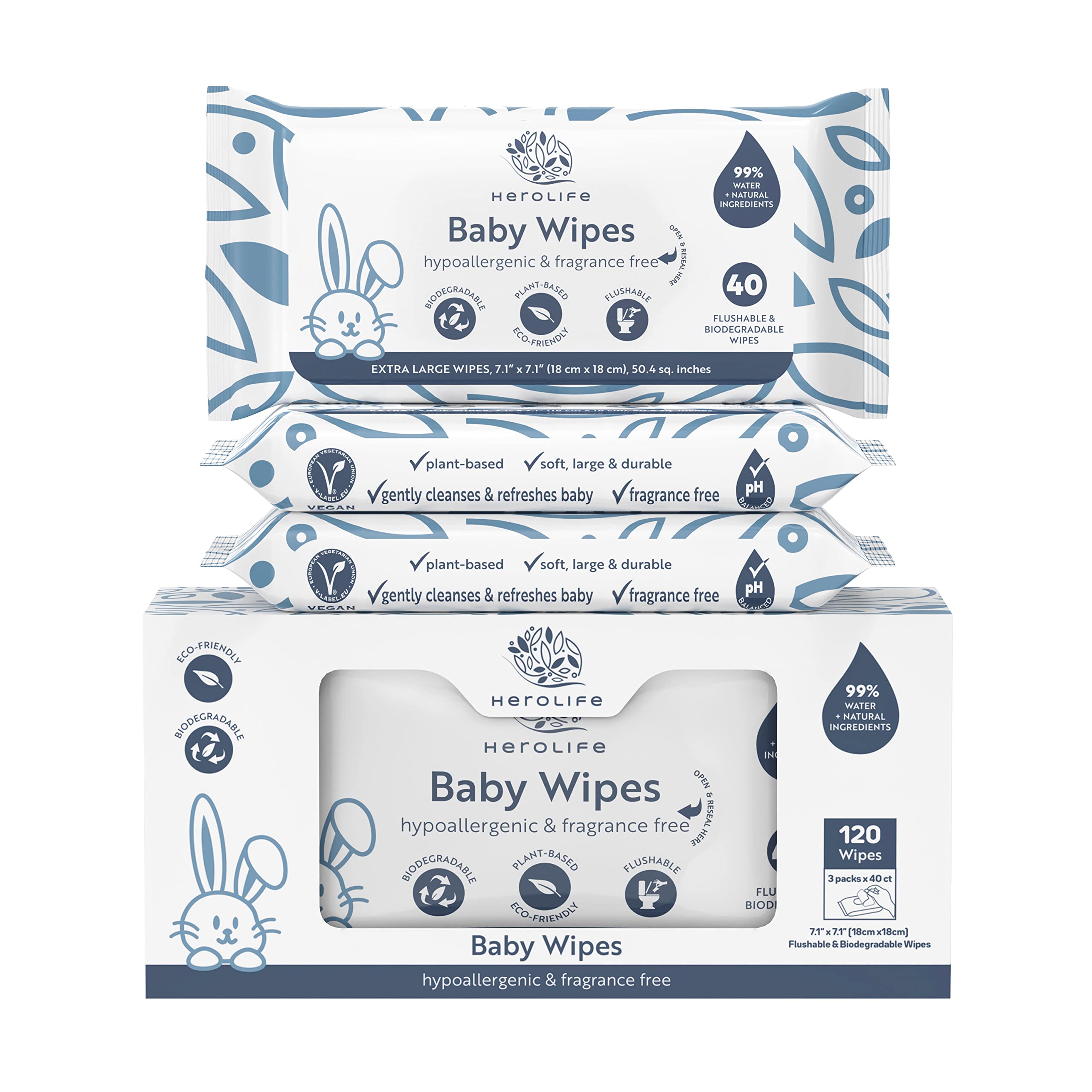 HEROLIFE Flushable & Biodegradable Baby Wipes, PlantBased, Hypoallergenic & FragranceFree, formulated with 99% water and plantderived ingredients ExtraLarge size 7.1” x 7.1” 3 packs of 40 wipes