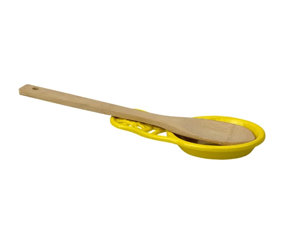 Cast Iron Spoon Rest Sunflower Design Kitchen Utensil Holder for Stove Top, Cookwear, Ladles, Countertop Organizer Heavy Duty - Yellow