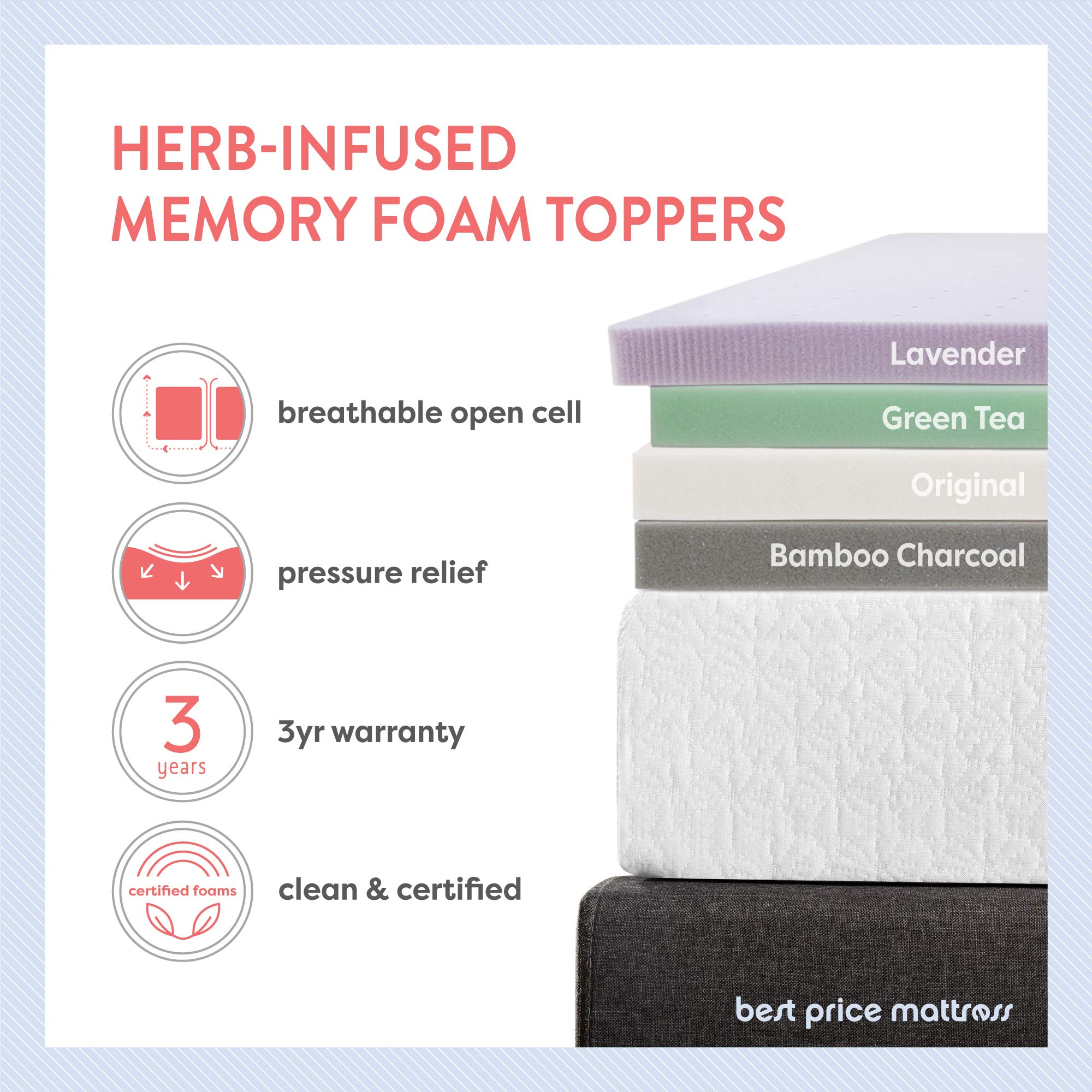 Best Price Mattress 2.5 Inch Ventilated Memory Foam Mattress Topper, CertiPUR-US Certified, Queen White
