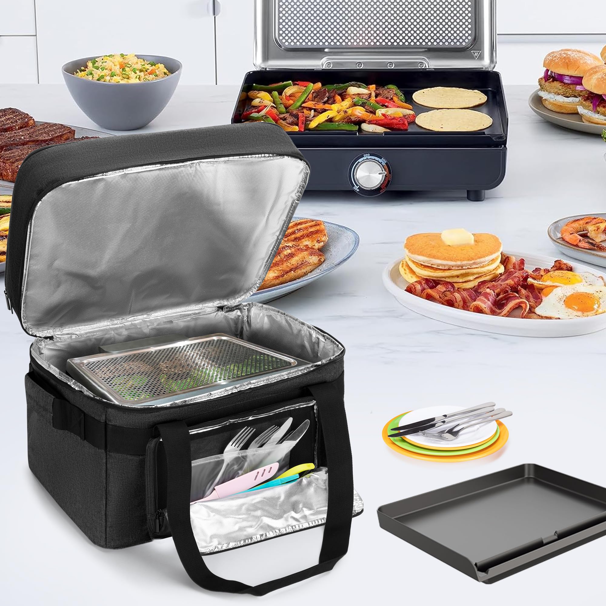 LUXJA Indoor Grill Carrying Bag with Bottom Pad Compatible for Ninja Sizzle GR101 Smokeless Grill, Double Layer Electric Grill Bag with Plates Section (Bag Only), Black