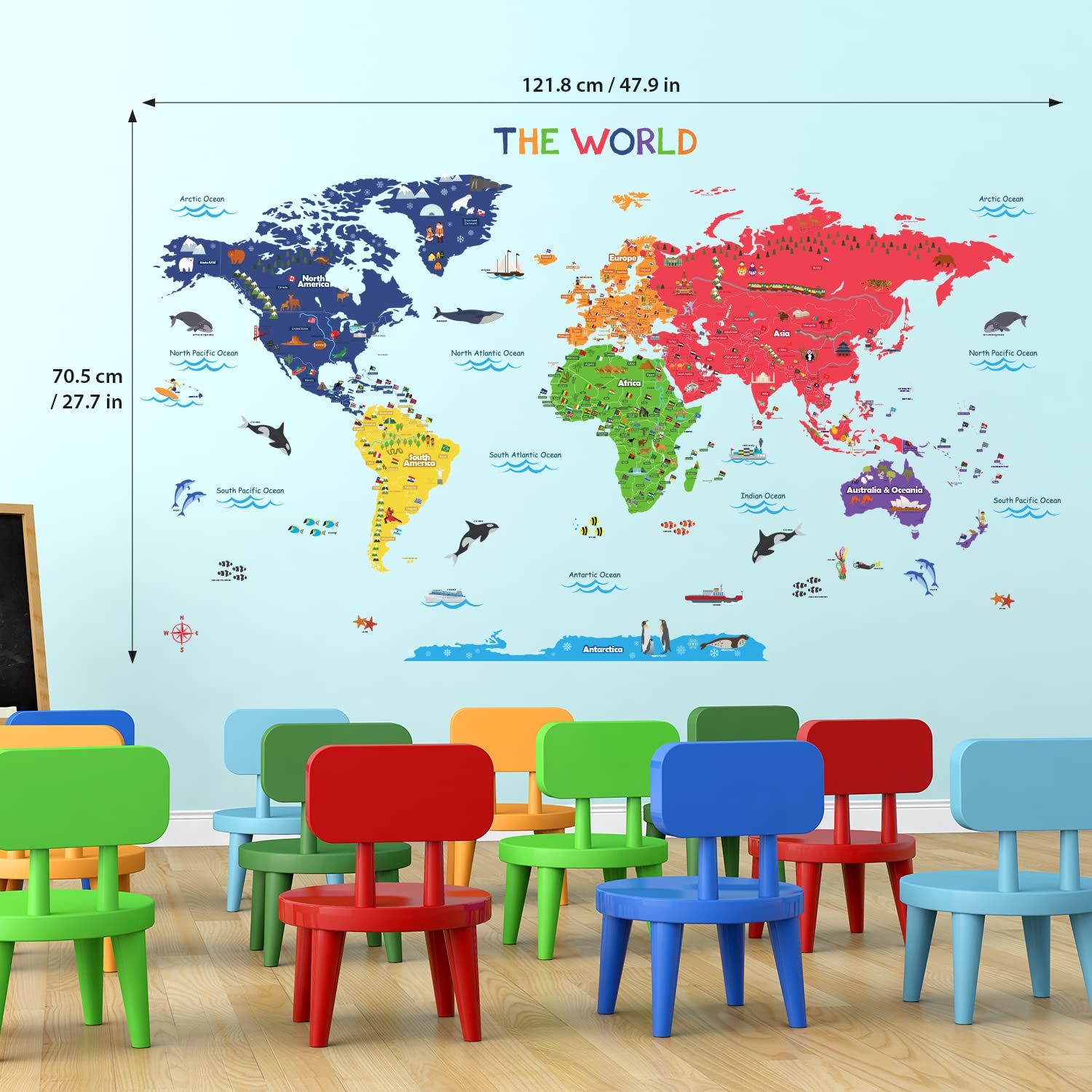 BASHOM BS-115 Large Animal Landmarks World Map Wall Decals Educational Stickers for Kids Nursery Bedroom Living Room Classroom Peel Stick Removable Poster mapa Mundi para pared Art