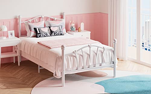 IDEALHOUSE Metal Platform Twin Bed Frame Mattress Foundation with Iron-Art Sweat Heart Headboard & Footboard/Firm Support & Easy Set up Structure, White