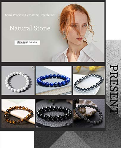 JEWPARK 10PCS 8mm Semi-Precious Gemstone Bracelet Set Healing Crystal Stone Stretch Bracelets for Men Women Round Beaded Elastic Bracelets