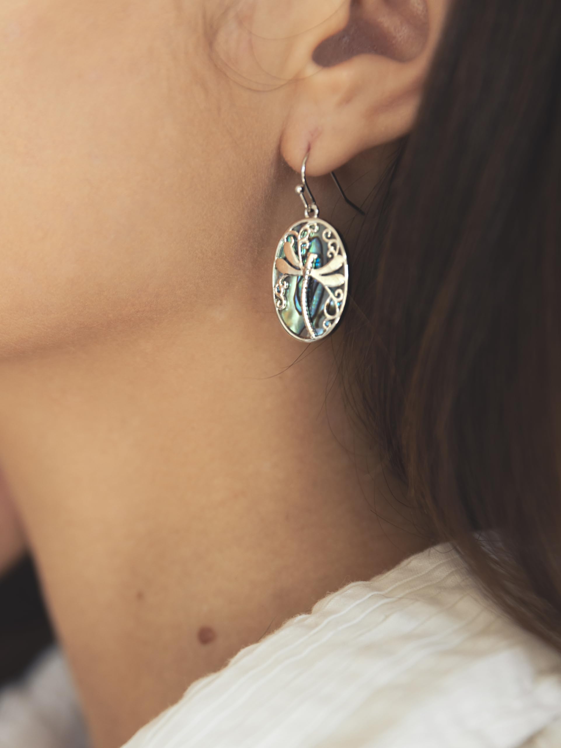 Barzel 18K White Gold Plated Abalone Dragonfly Dangling Earrings for Women - Made in Brazil