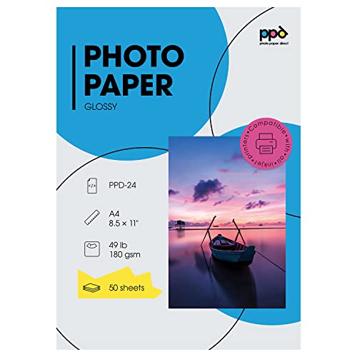 PPD Inkjet Glossy Photo Paper LTR 8.5x11" 49lbs 180gsm 9.9mil x 50 Sheets (PPD024-50)