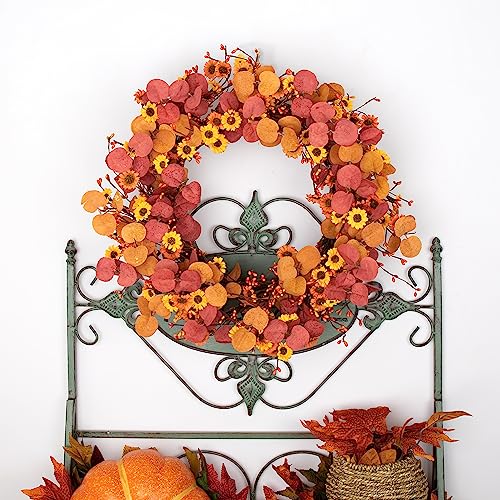 DIYFLORU Fall Wreaths for Front Door 22 inch Autumn Door Wreath Fall Eucalyptus Wreath with Daisy for Thanksgiving Harvest Festival Indoors Outside