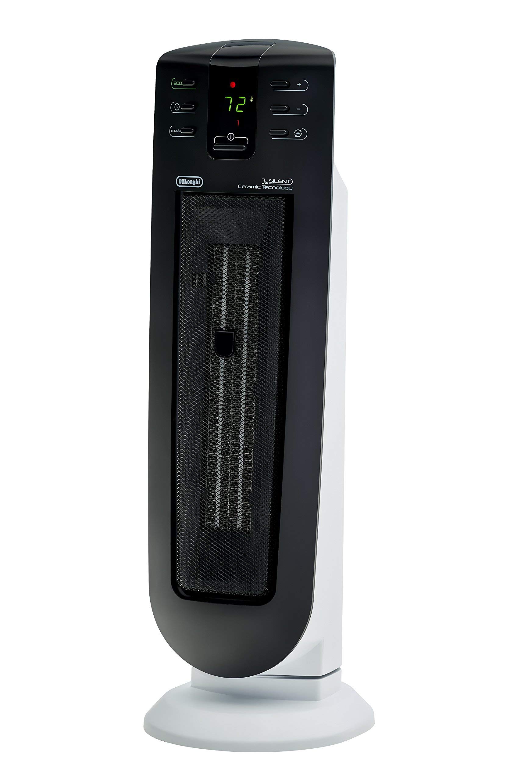 DeLonghi Ceramic Tower Space Heater, portable quiet 1500 Electric Space Heater for indoor use, timer, remote, ECO energy efficient, safety features, 24 inches tall, TCH7915ER