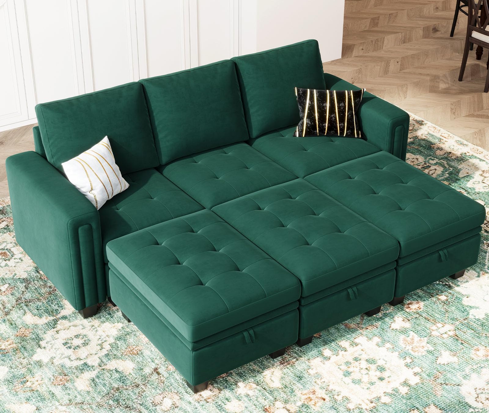 Belffin Green Velvet L-Shape Modular Convertible Sofa Bed with Storage, 83.4x62.2x35.8 inches, 6 Pieces, Medium Firmness