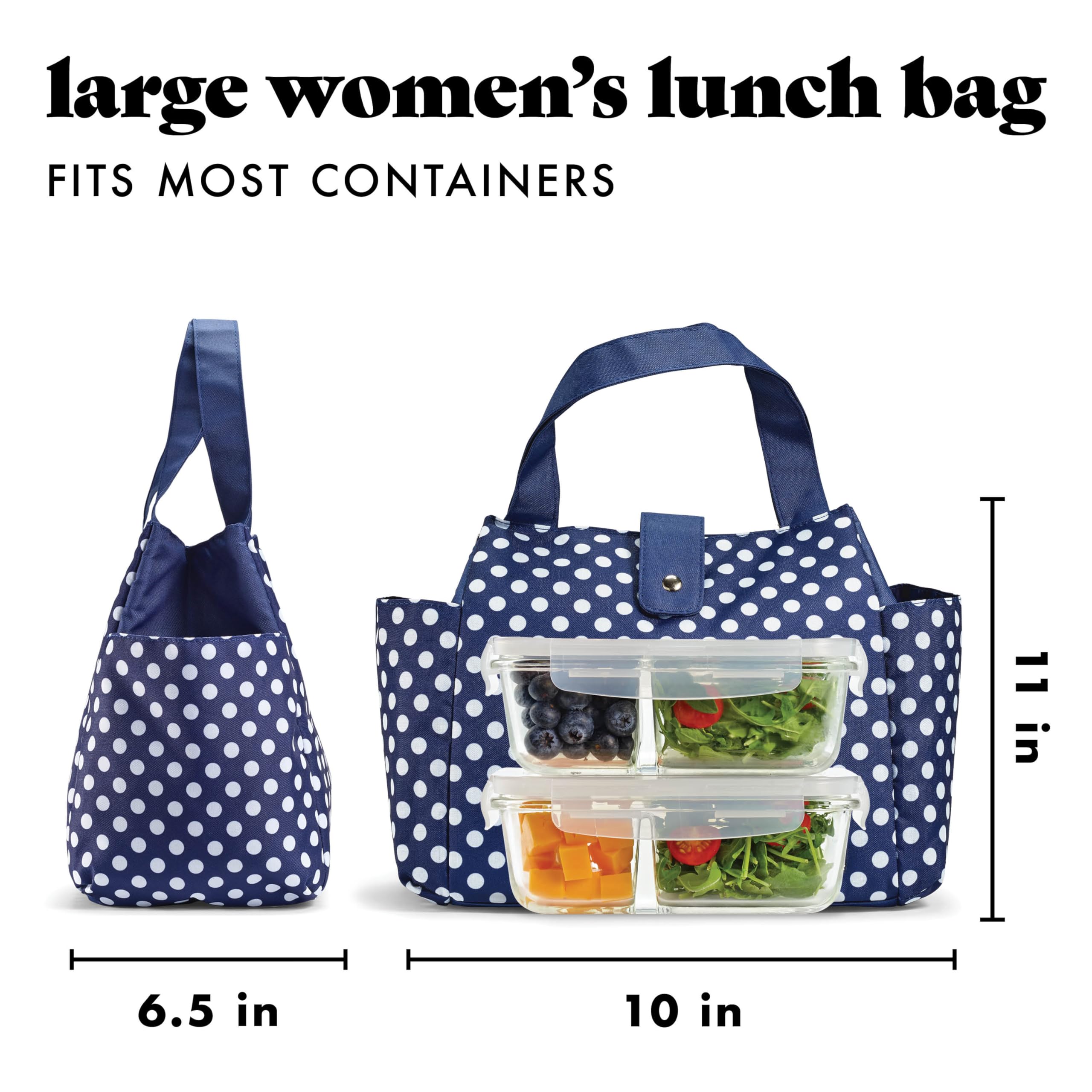 Fit & Fresh Lunch Bag For Women, Insulated Womens Lunch Bag For Work, Leakproof & Stain-Resistant Large Lunch Box For Women, Snap Closure Westport Bag Navy Dot