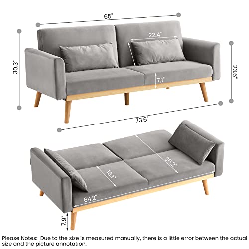 DKLGG Grey Futon Sofa Bed, Velvet Convertible Sofa Couch Sleeper with Wood Legs & 2 Pillows, Upholstered Loveseat for Small Spaces Living Room Bedroom Furniture, 3 Adjustable Positions, Easy Assembly