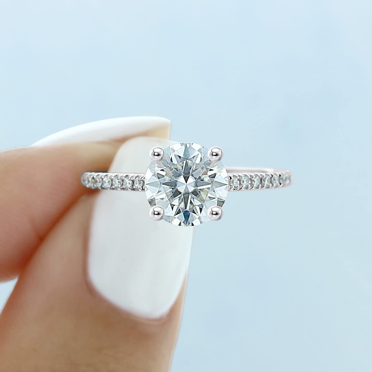 Blocaci Engagement Ring 2-1/4 CT Moissanite Round Cut Pave Engagement Rings for Women 14k White Gold Free Engraving Size 6.5