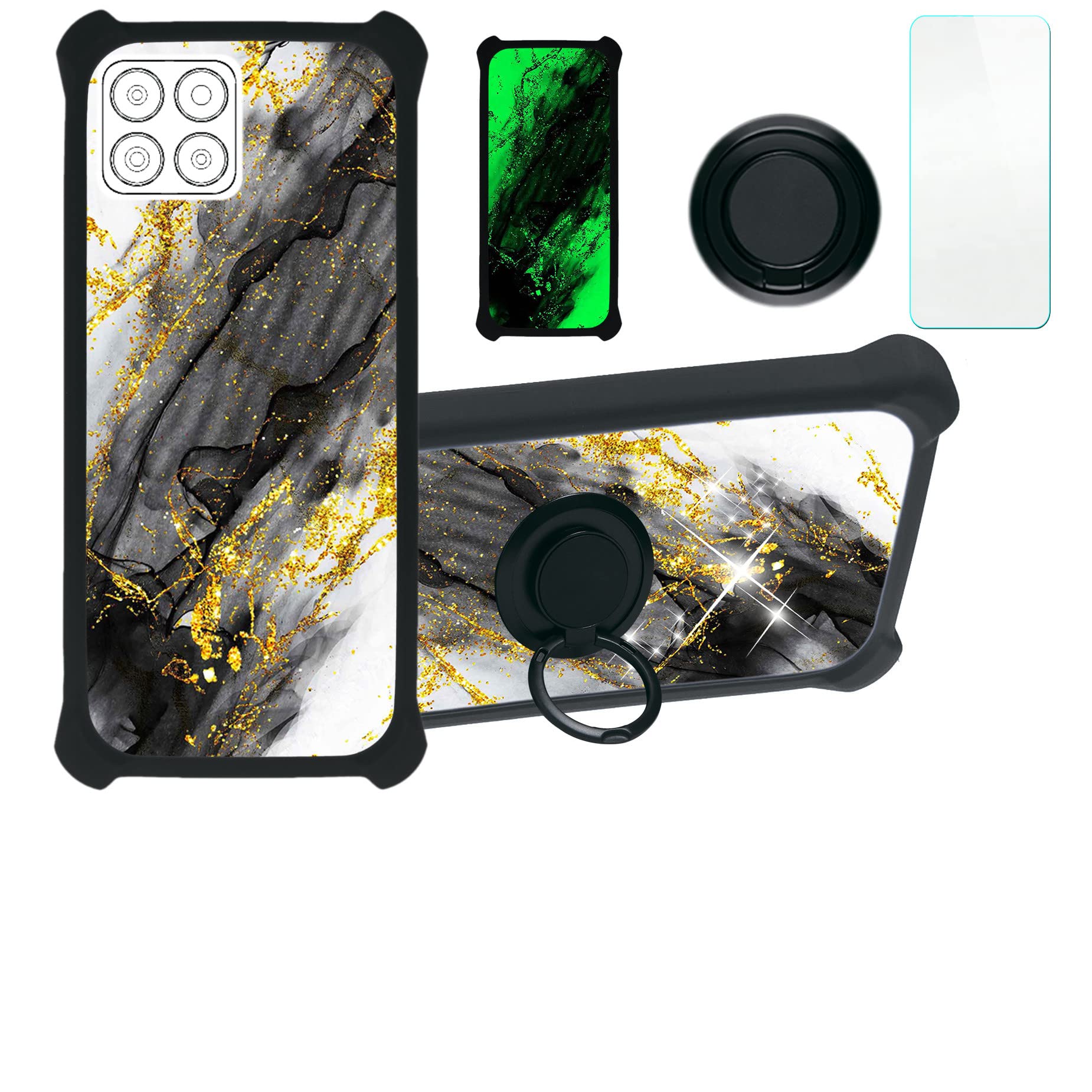 Boost Mobile Celero5G+ Plus Case Compatible with Celero 5G+ Plus Phone Case Cover [with Tempered Glass Screen Protector][Hard PC + Soft Silicone][Ring Support] [Gold Glitter+Luminous] JSH-HDL
