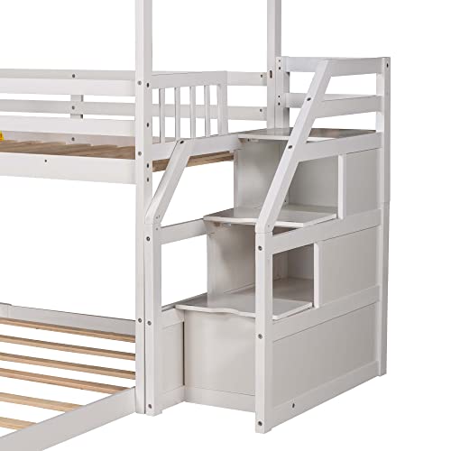 Harper & Bright Designs House Bunk Beds with Slide and Stairs Twin Over Full Bunk Bed Wood Playhouse Low Bunk Bed for Kids Girls Boys Teens, White