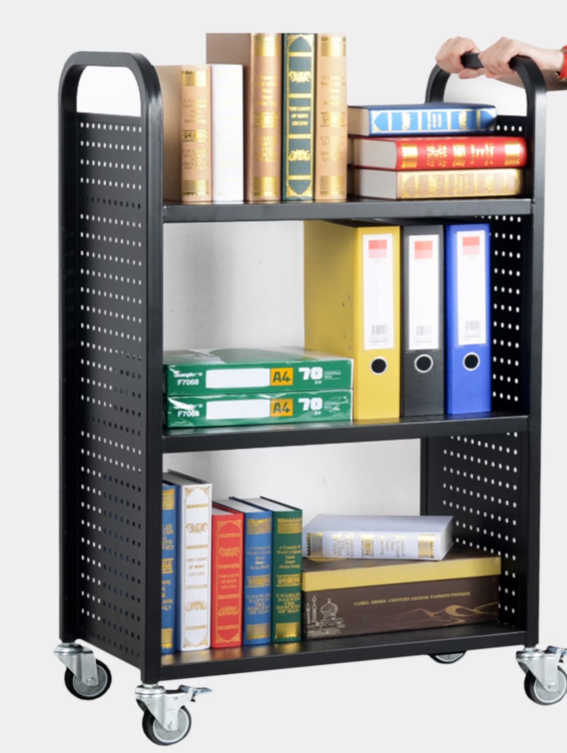 HHAA HA Library Rolling Book Cart with 3 Flat Shelves,Book Truck with Swivel Lockable Casters for Home,Office and School (Black)