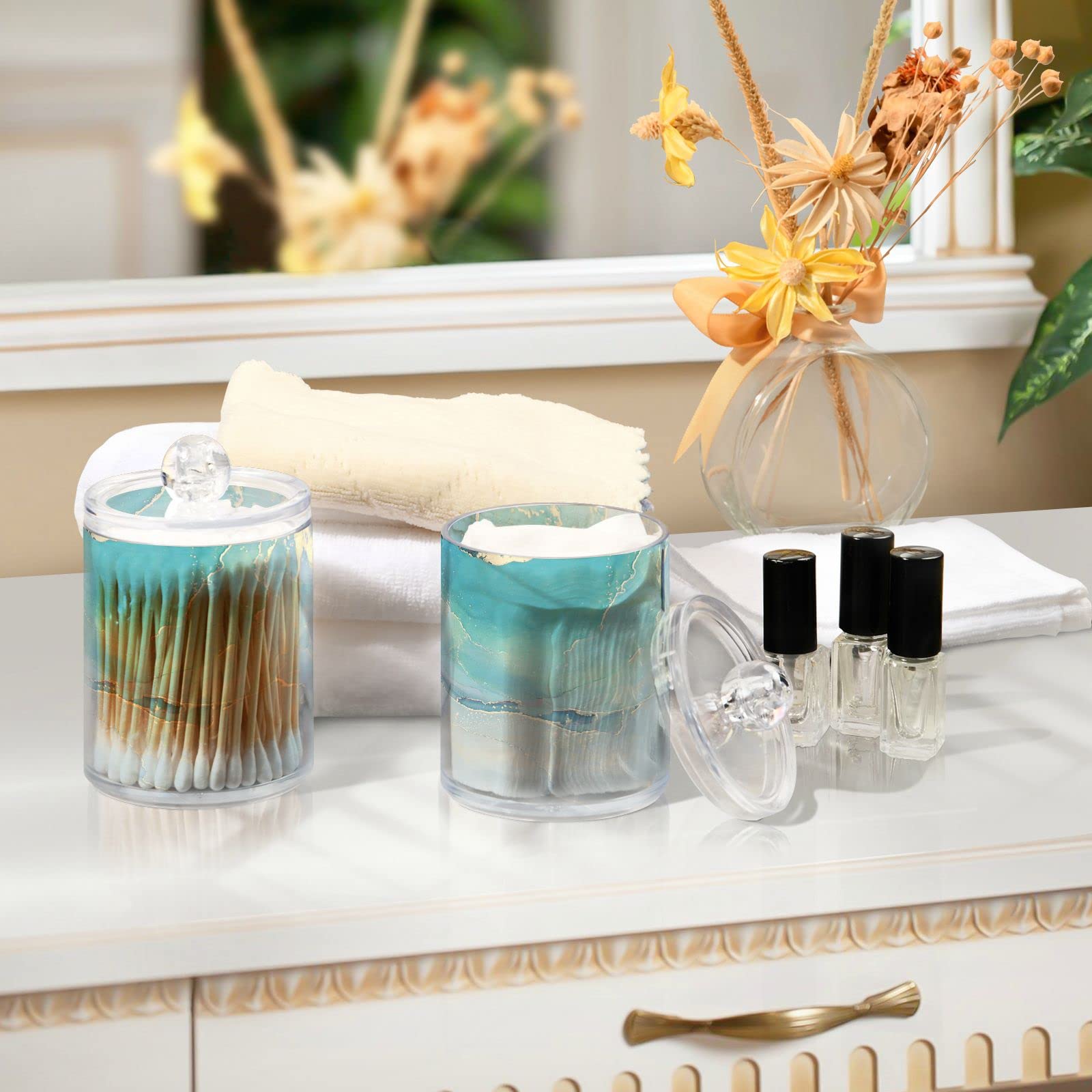 Turquoise Gold Splash Marble Qtip Dispenser Apothecary Jars Bathroom Qtip Holder Storage Canister Plastic Jar 10 Oz for Cotton Ball Swab Round Pads Floss 2pcs