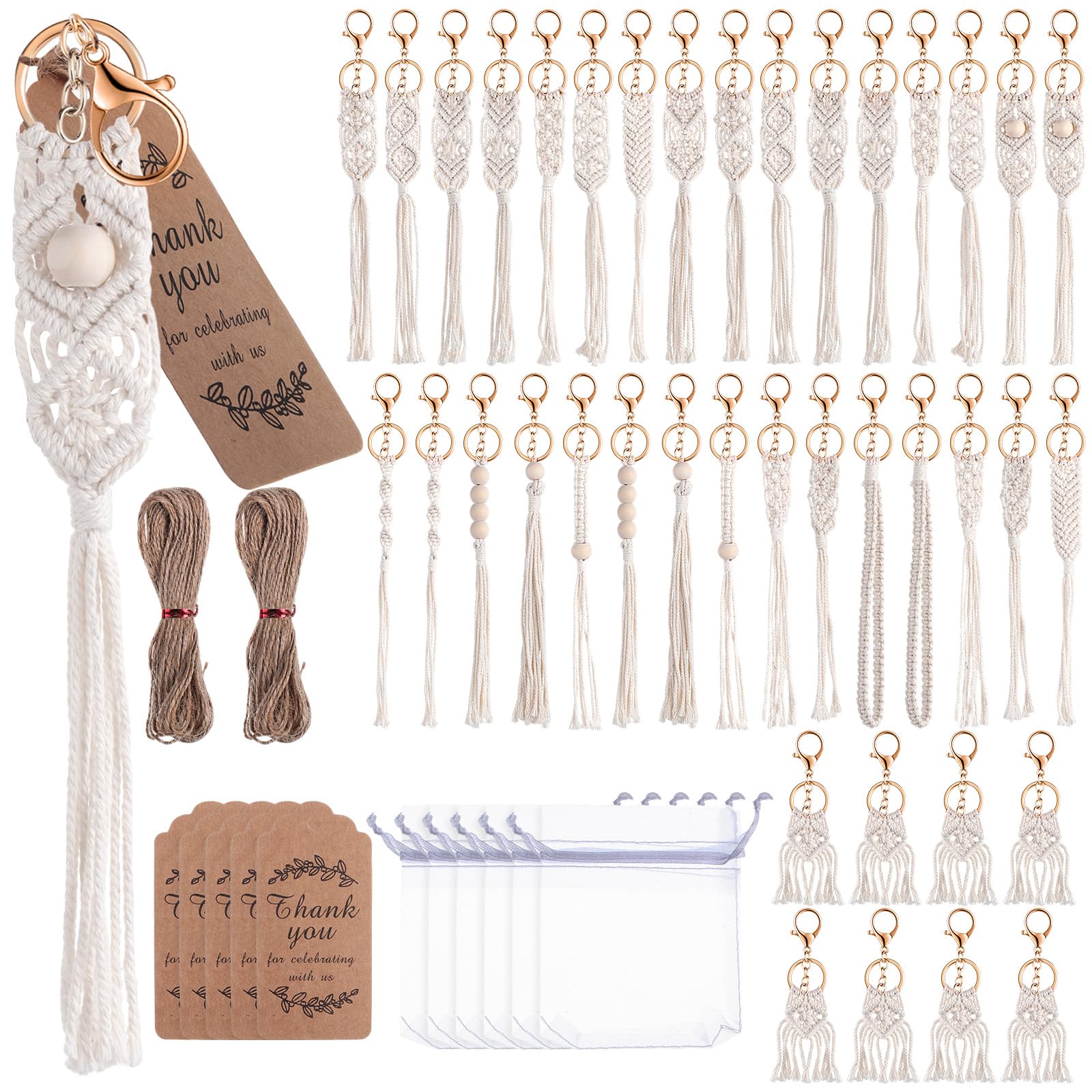 Yuxung 120 Pcs Macrame Keychains Bulk Set, 40 Pcs Boho Keychain 40 Pcs Drawstring Organza Bag and 40 Pcs Thank You Tags with Hemp Rope for Wedding Thank You Baby Shower Party Favors