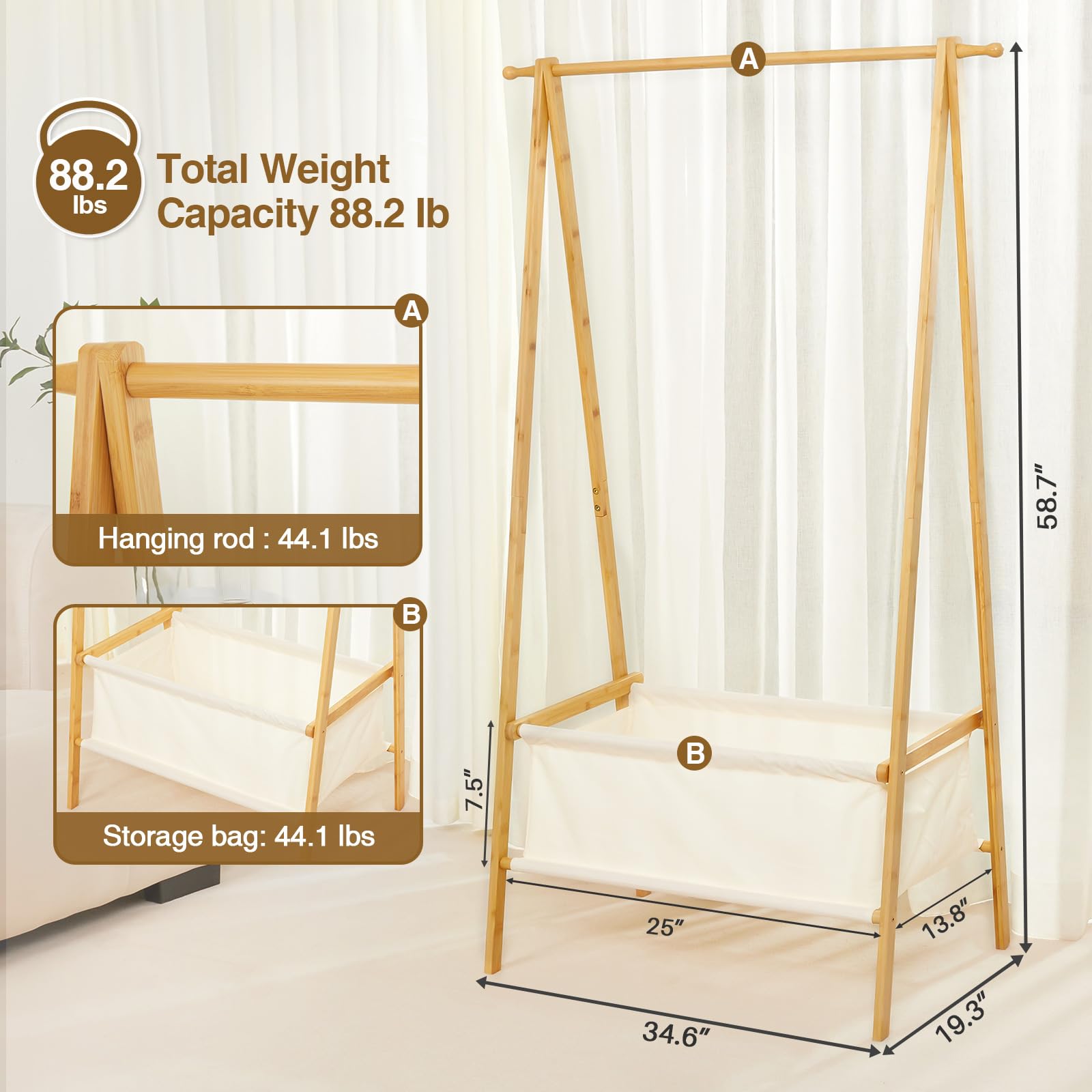 Cozivolife Bamboo Clothes Rack with Storage Box, Garment Rack Clothing Racks for Hanging Clothes, Foldable Wardrobe Storage Rack for Entryway and Bed Room (Natural)