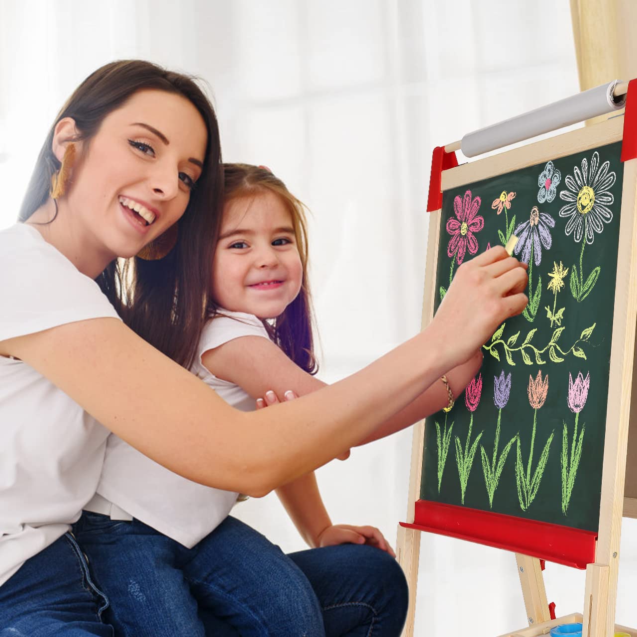 Kids Wooden Easel with Paper Roll, Fixget Upgrade Double-Sided Whiteboard & Chalkboard Standing Easel, Art Easel with Numbers Magnetic Accessories Art and Craft Set Painting Drawing Gifts for Toddler
