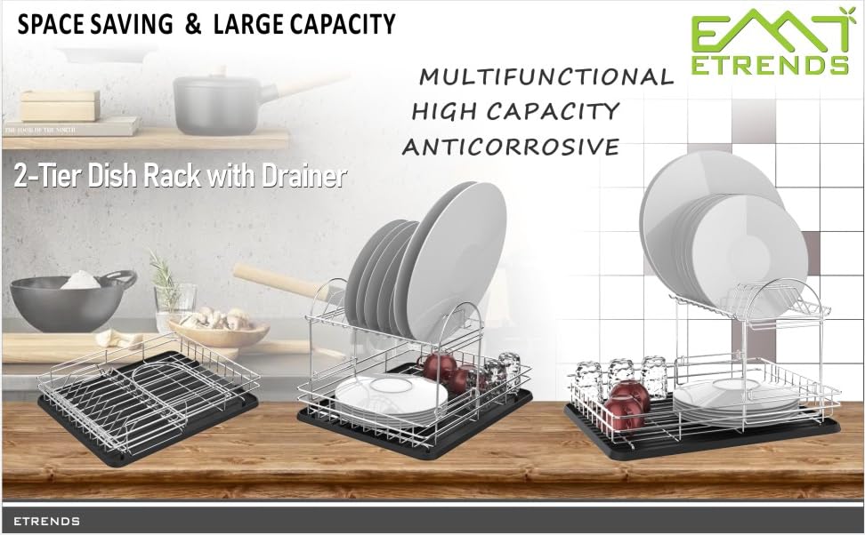 EMT ETRENDS Large Dish Drying Rack,2-Tier Dish Racks for Kitchen Counter,Rust-Proof Detachable Dish Drainers for Sink with Drainboard,Utensil Holder（Chrome Plating，Steel）