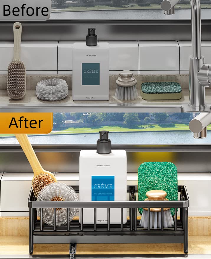 DMJWAN Kitchen Sink Caddy Sponge Organizer, 304 Stainless Steel Holder for Sink,Countertop with Removable Drain Tray with Diversion Drainage.