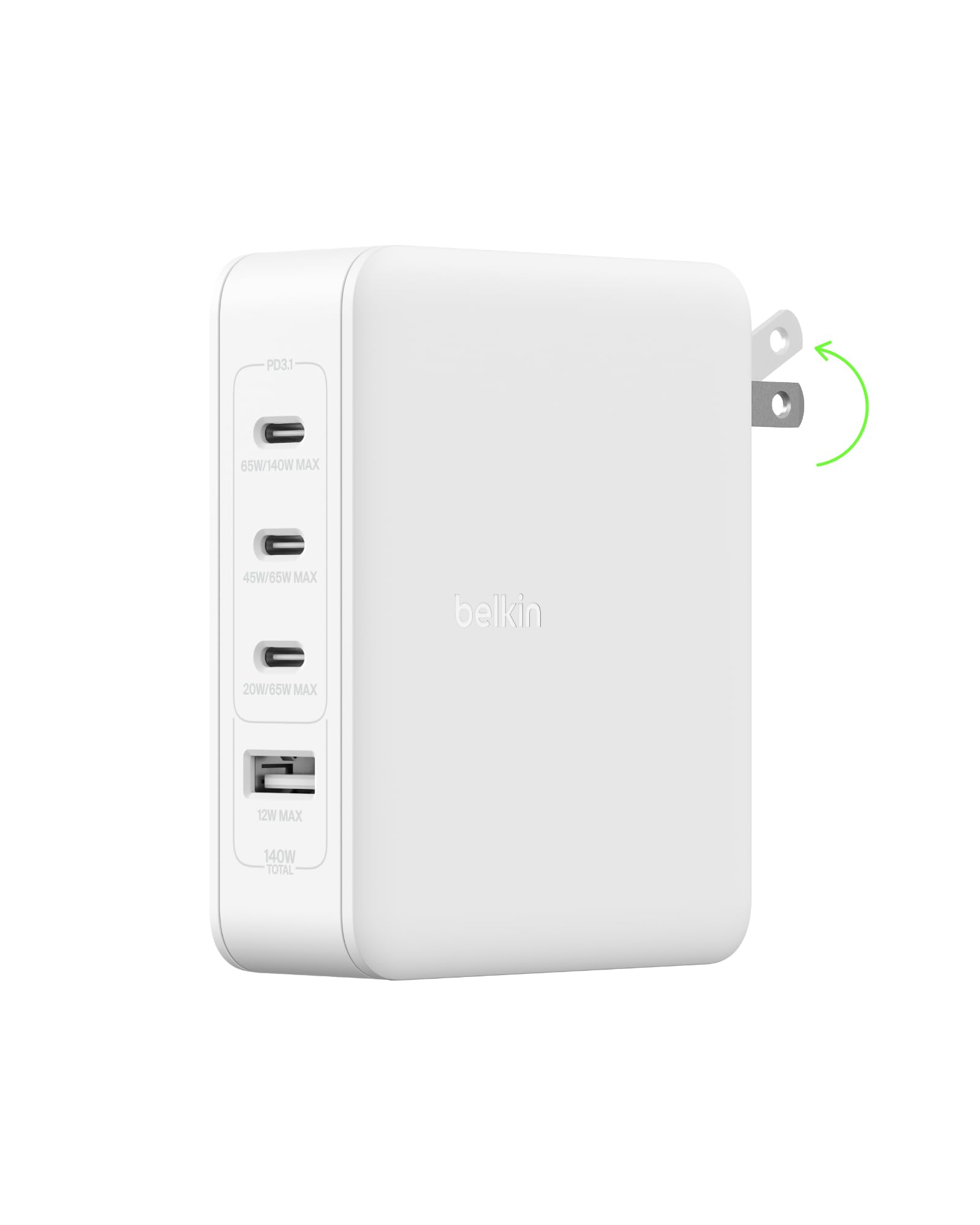 Belkin 140W 4-Port GaN Wall Charger, Multi-Port Charger Block w/USB-C Power Delivery Fast Charge & USB-A Port for Apple MacBook, iPhone 15 Series, iPad Pro, Samsung Galaxy S24, Google Pixel, & More