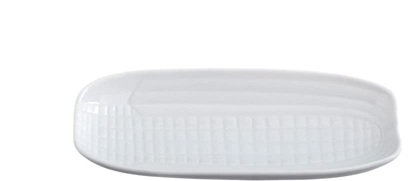 Friwer White Porcelain 9 Inch Corn Cob Tray, Set of 4 - with 8 Stainless Steel Soft Grip Corn Picks