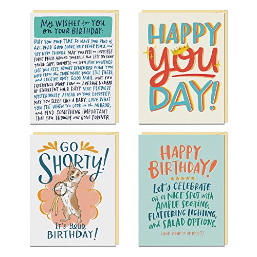 Em & Friends Birthday Cards, Happy Birthday Greeting Cards Illustrated Sayings Blank Inside (Box of 8, Assorted Cards, 2 Each 4 Styles)