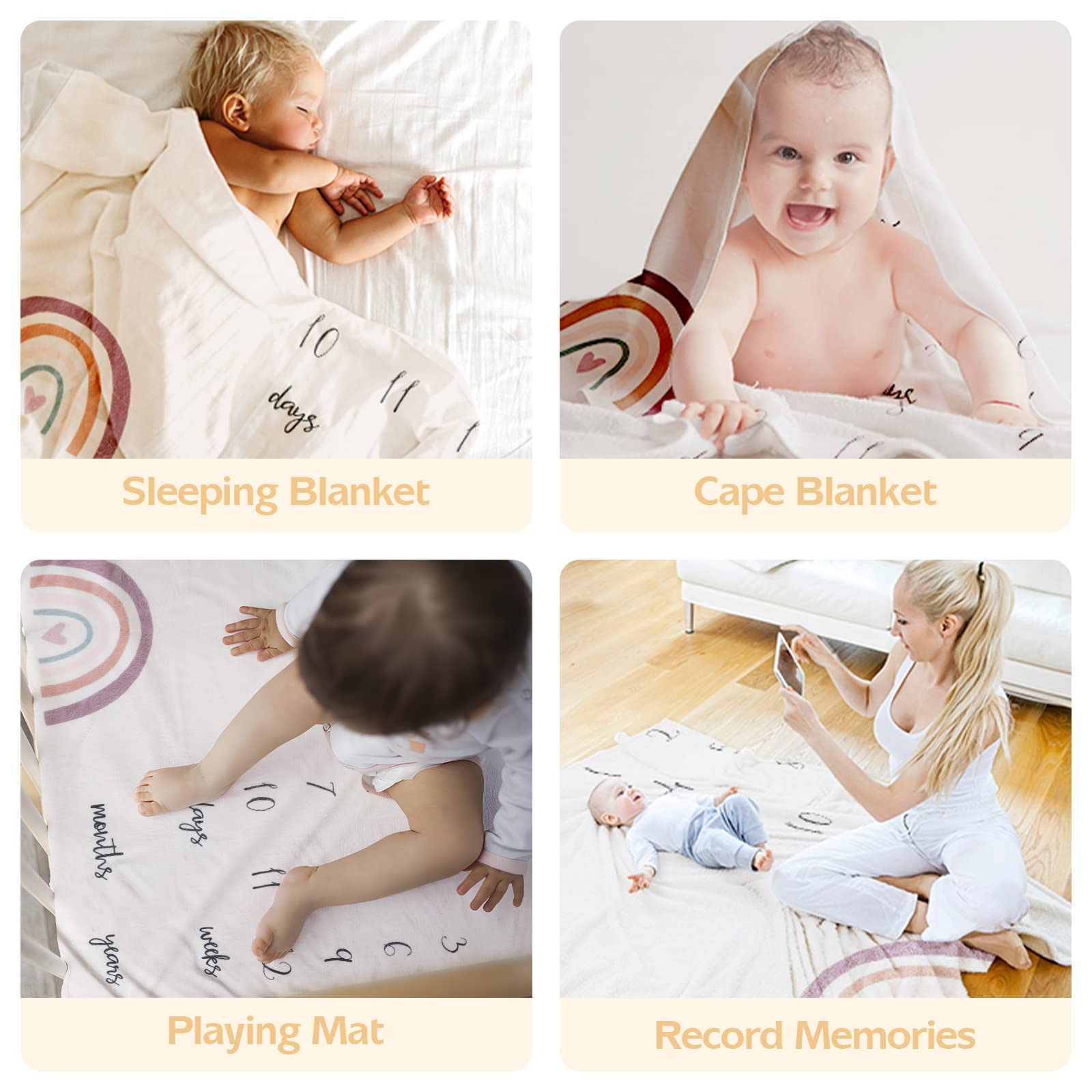 ibwaae Baby Thick Flannel Monthly Milestone Blanket Newborn Growth Chart Soft Neutral Photography Background Blanket (40"x41") with Milestone Card Circle Ring Arrow Gift(Rainbow