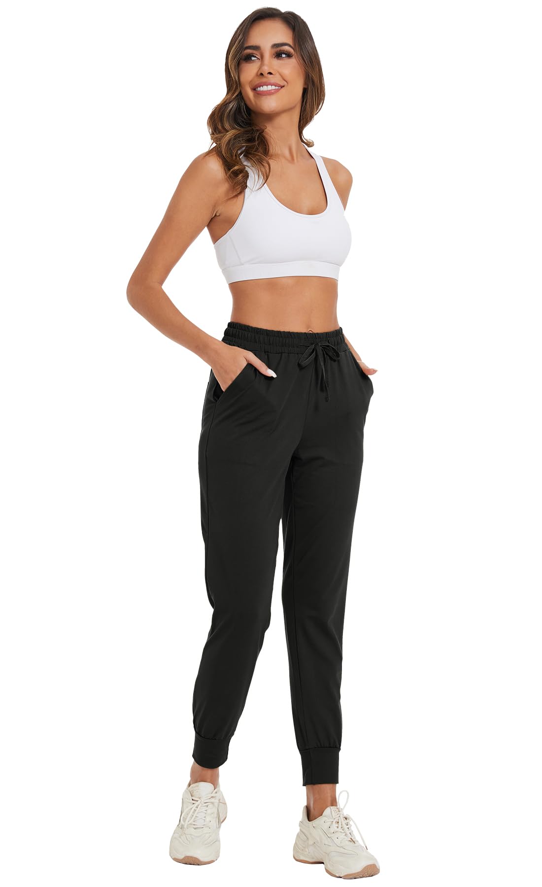 BATHRINS Women Tapered Joggers with Pockets – Casual Yoga High Waist Sweatpants Black