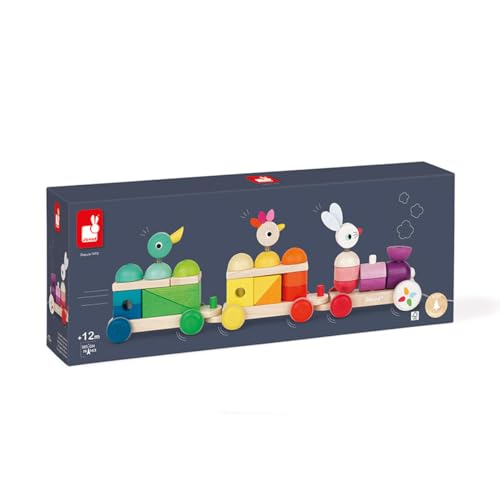 Janod Zigolos Giant 31 Piece Multicolor Wood Pull-Along Train and Stacker β Ages 1+ - J08202